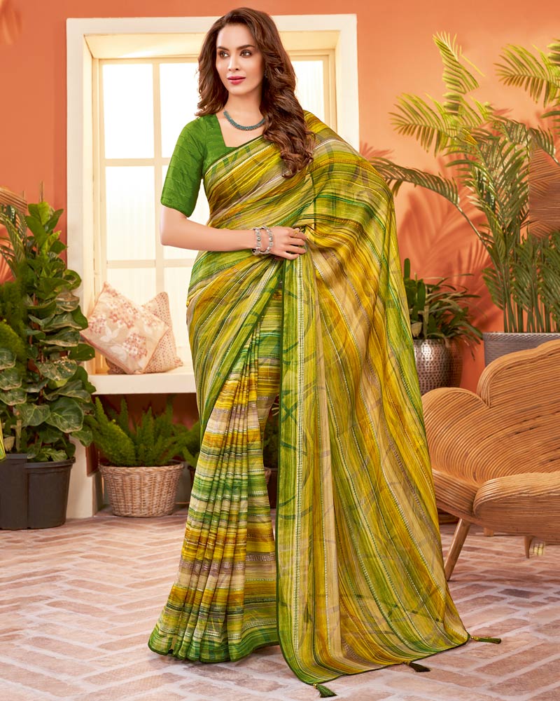 Vishal Prints Olive Green Digital Print Fancy Brasso Saree With Core P