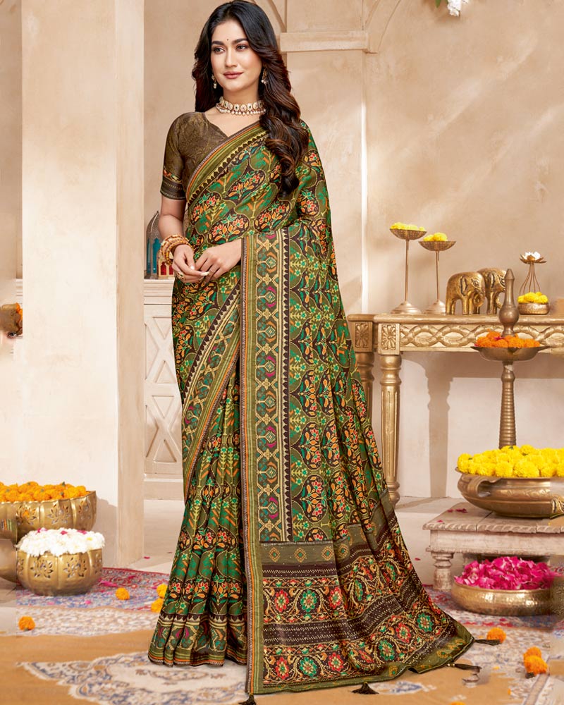 Vishal Prints Mocha Brown And Muddy Green Fancy Satin Traditional Pato