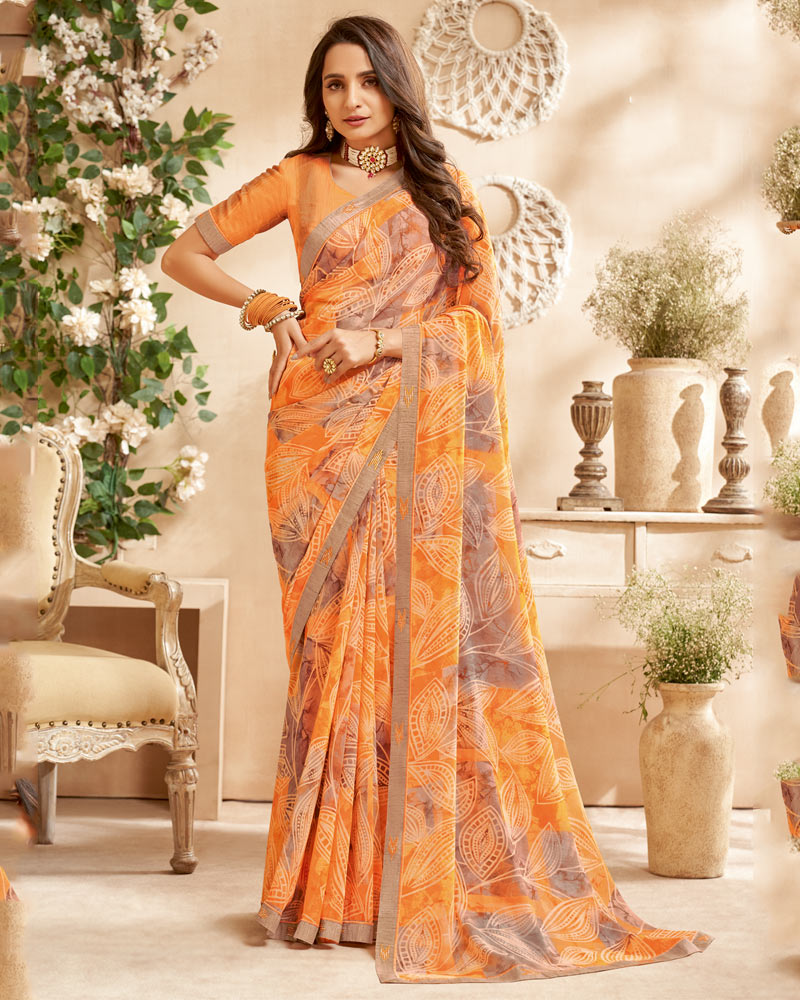 Vishal Prints Saffron Color Printed Patterned Georgette Saree With Fan