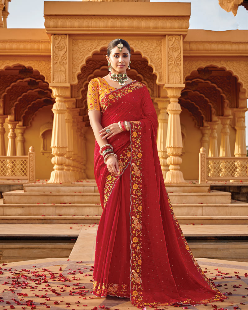 Vishal Prints Deep Carmine Red Designer Fancy Chiffon Saree With Embro