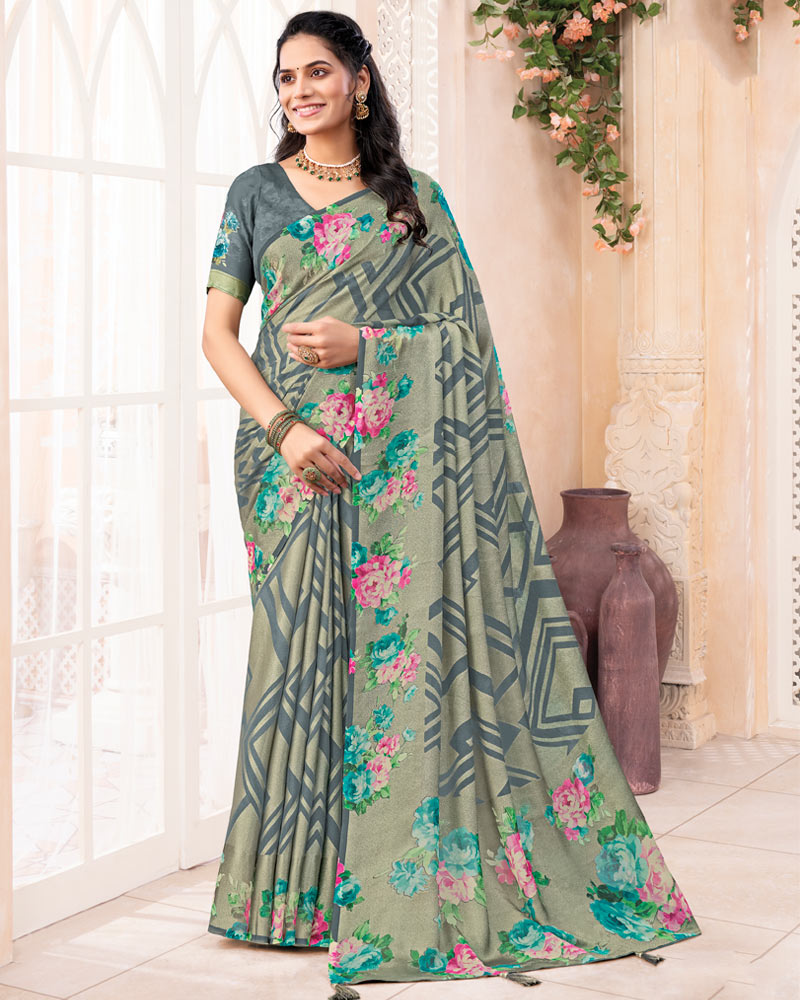 Vishal Prints Greyish Olive Green Digital Print Brasso Saree With Tass