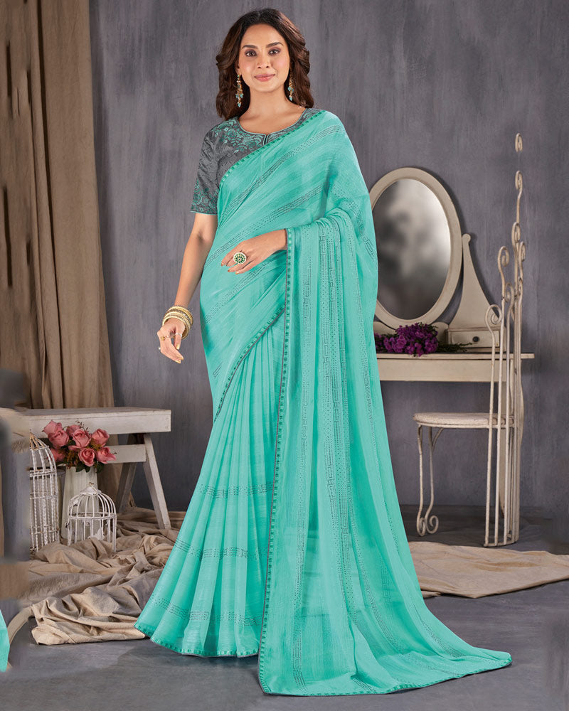 Vishal Prints Turquoise Green Designer Chiffon Saree With Diamond Work