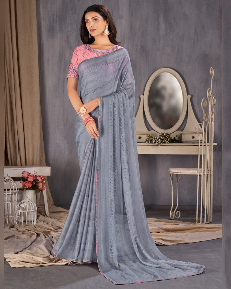 Vishal Prints Cool Grey Designer Chiffon Saree With Diamond Work And F