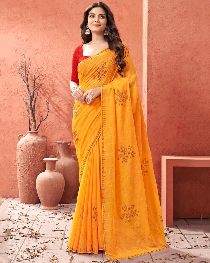 Vishal Prints Saffron Color Designer Chiffon Saree With Embroidery Dia