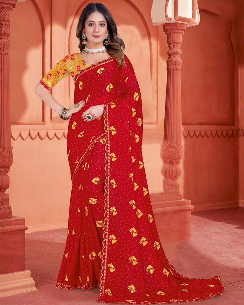 Vishal Prints Milano Red Printed Fancy Chiffon Bandhani Print Saree Wi