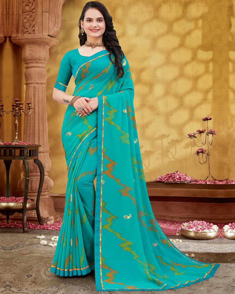Vishal Prints Dark Turquoise Blue Printed Georgette Saree With Foil Pr