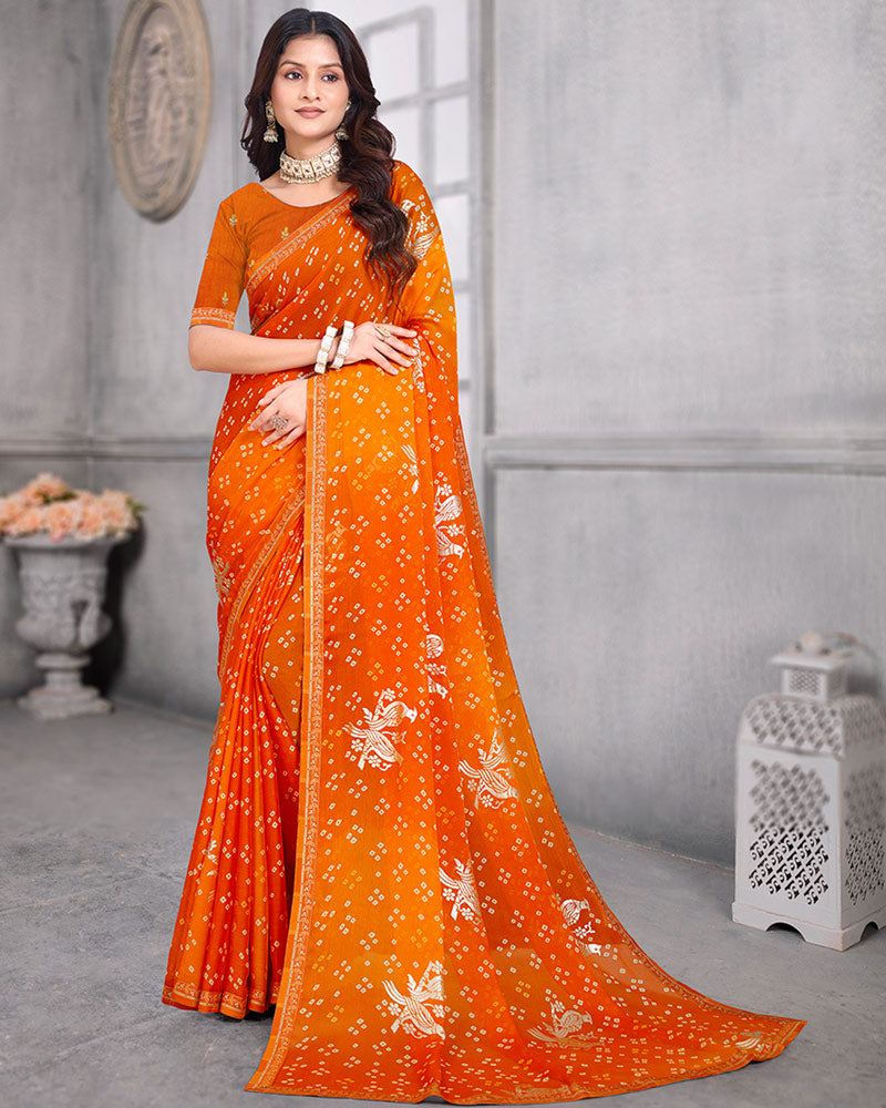 Vishal Prints Dark Orange Bandhani Print Chiffon Saree With Foil Print