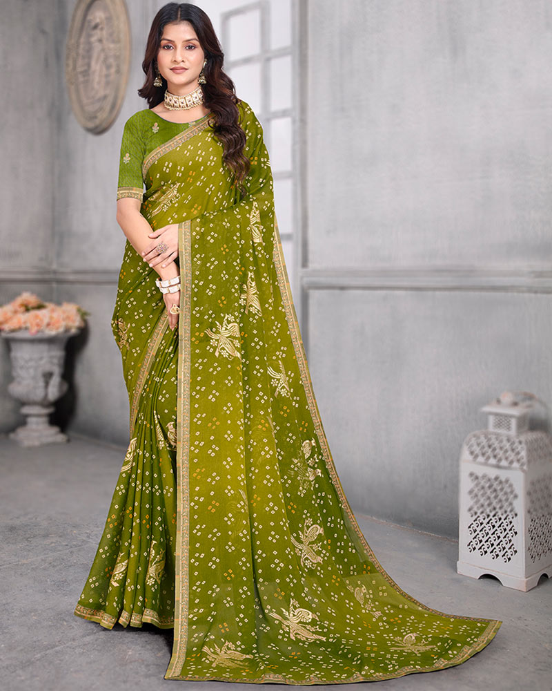 Vishal Prints Mehandi Green Bandhani Print Chiffon Saree With Foil Pri