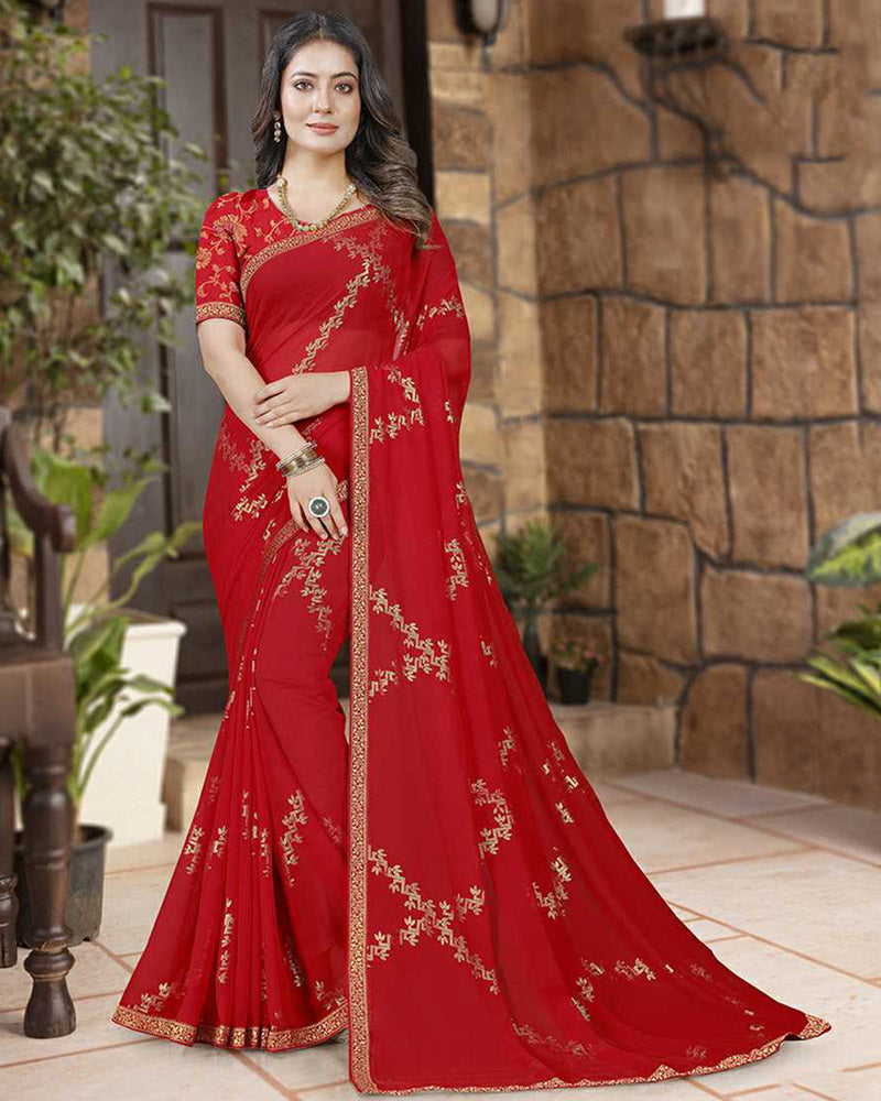 Vishal Prints Cherry Red Georgette Saree With Foil Print And Zari Bord