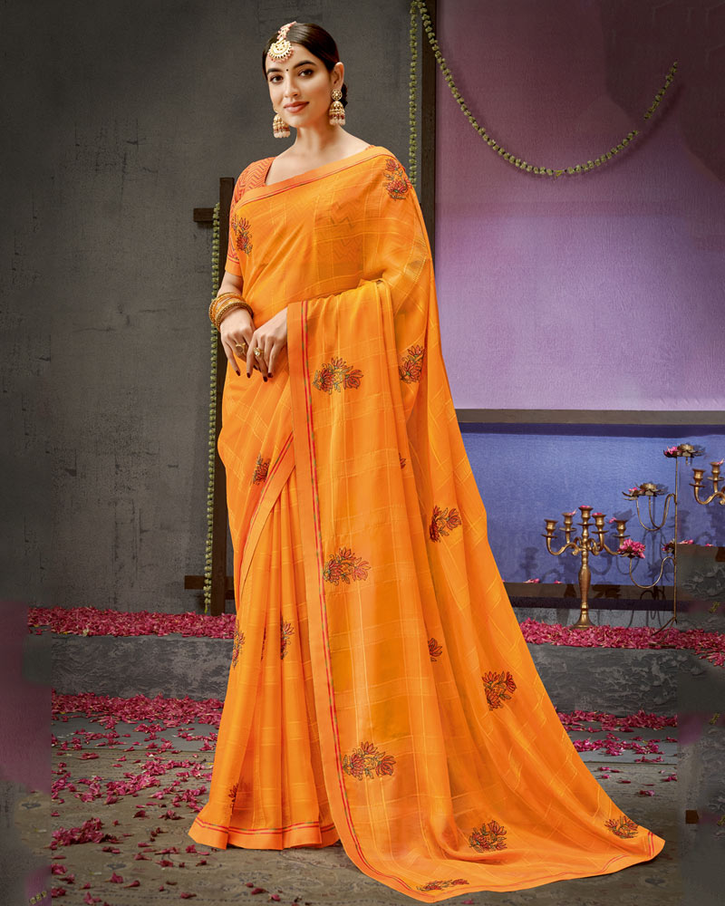 Vishal Prints Saffron Color Designer Patterned Chiffon Saree With Embr
