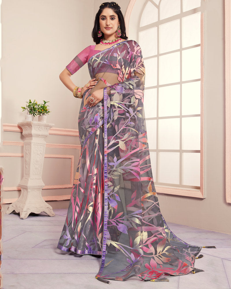 Vishal Prints Gravel Grey Tissue Brasso Designer Digital Print Saree W