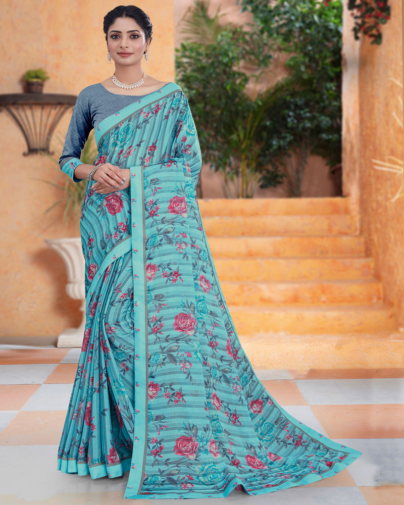 Vishal Prints Dark Turquoise Blue Printed Fancy Chiffon Saree With Bor