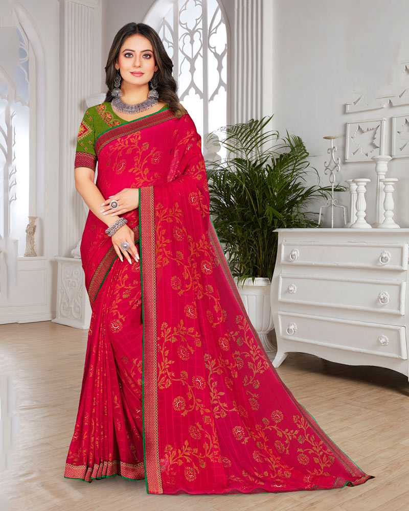 Vishal Prints Cherry Red Brasso Saree With Foil Print And Zari Border