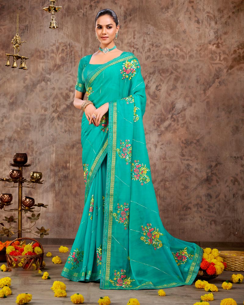 Vishal Prints Dark Turquoise Blue Designer Chiffon Saree With Embroide