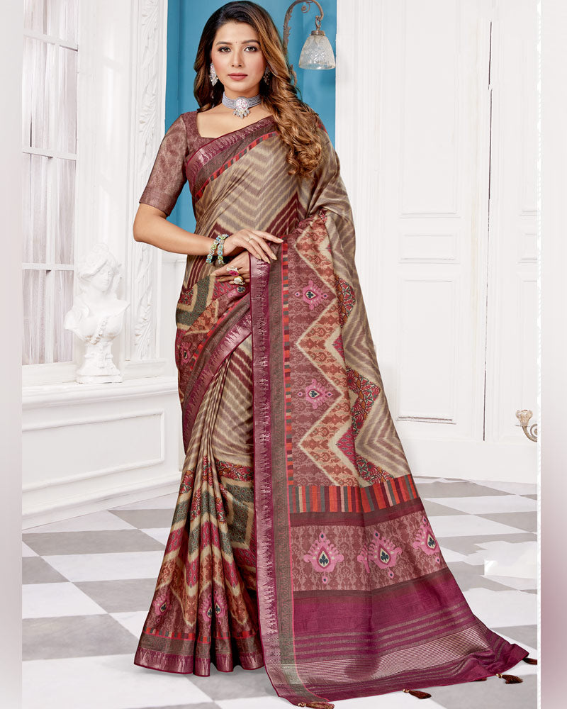 Vishal Prints Toast Pink Poly Cotton Digital Print Saree With Fancy Bo