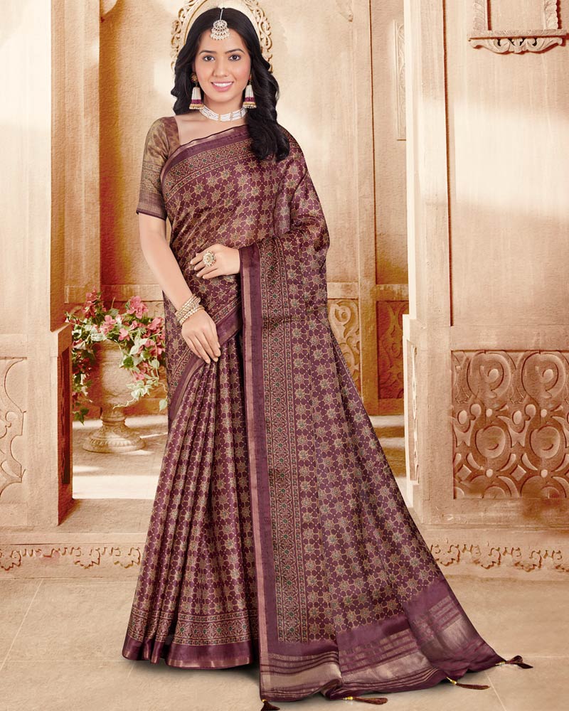 Vishal Prints Lotus Maroon Designer Poly Cotton Saree With Weaved Bord