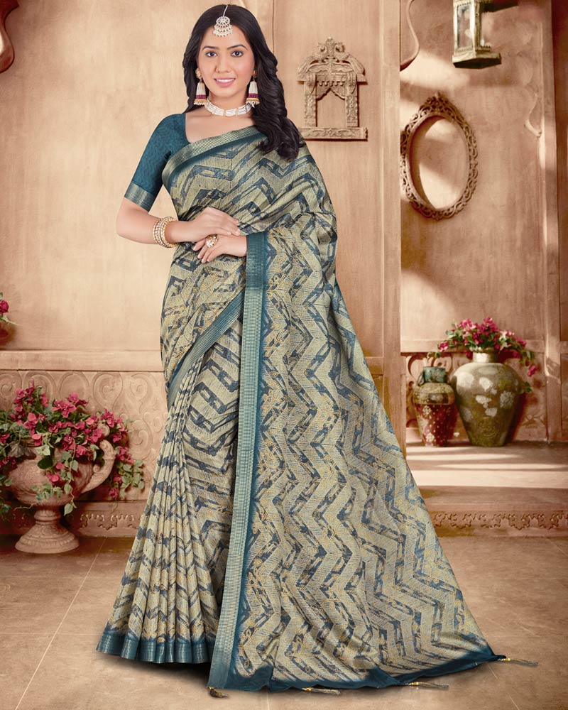 Vishal Prints Peacock Blue Designer Poly Cotton Saree With Weaved Bord