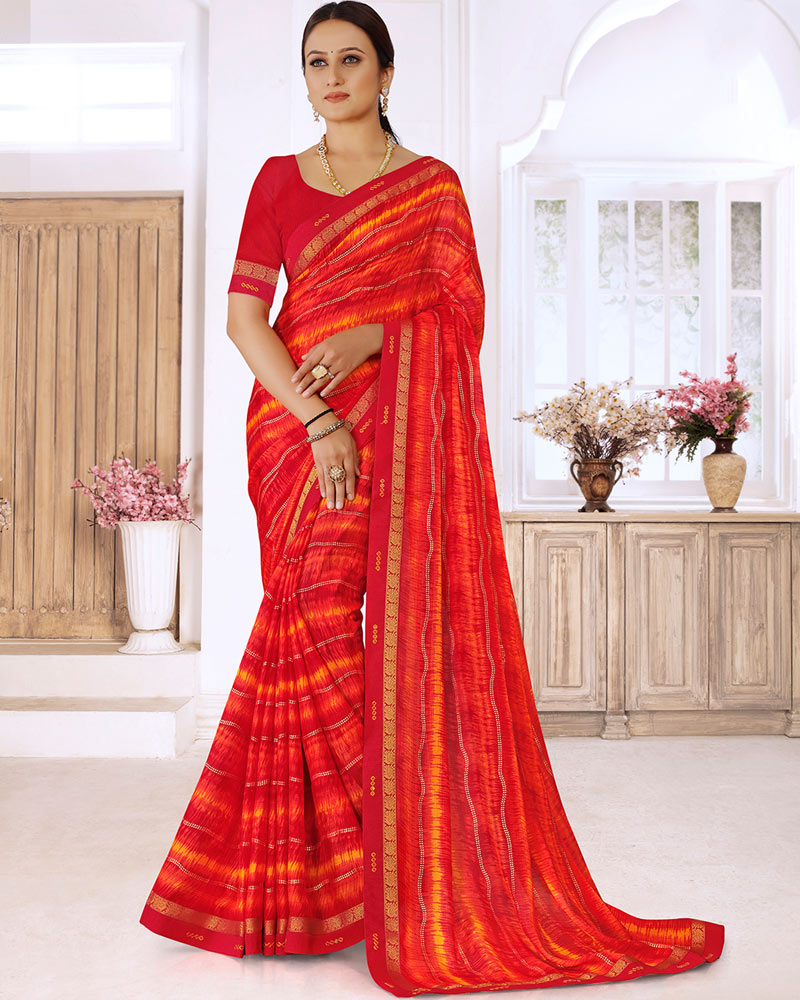 Vishal Prints Cherry Red Printed Chiffon Saree With Foil Print And Fan