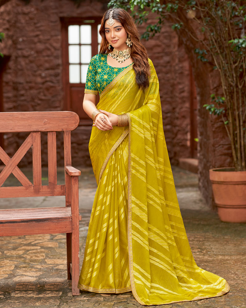 Vishal Prints Burnt Mustard Yellow Designer Zari-Brasso Saree With Fan