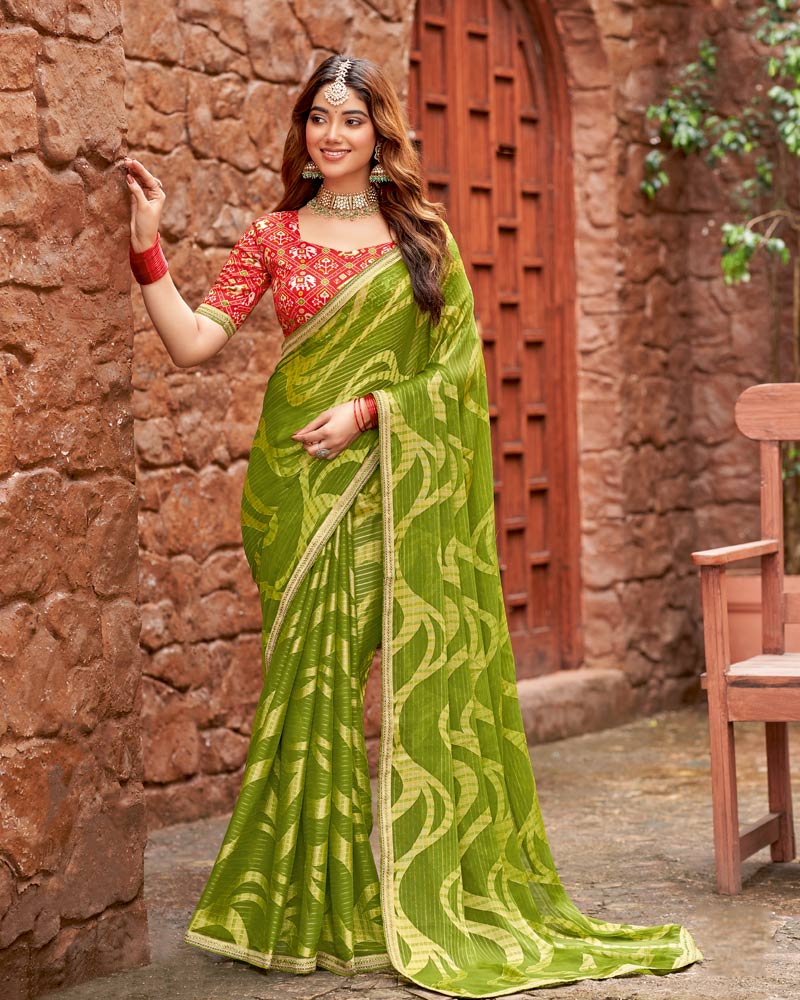 Vishal Prints Olive Green Designer Zari-Brasso Saree With Fancy Embroi