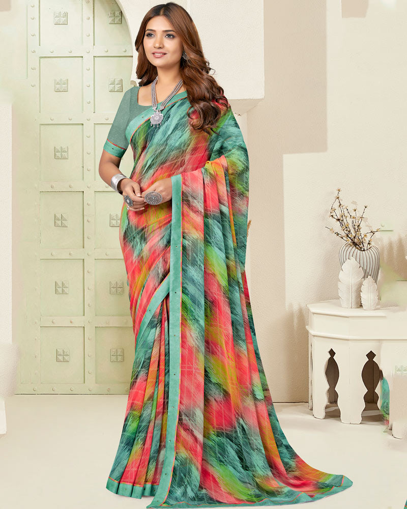 Vishal Prints Pastel Teal Green Digital Print Georgette Saree With Fan
