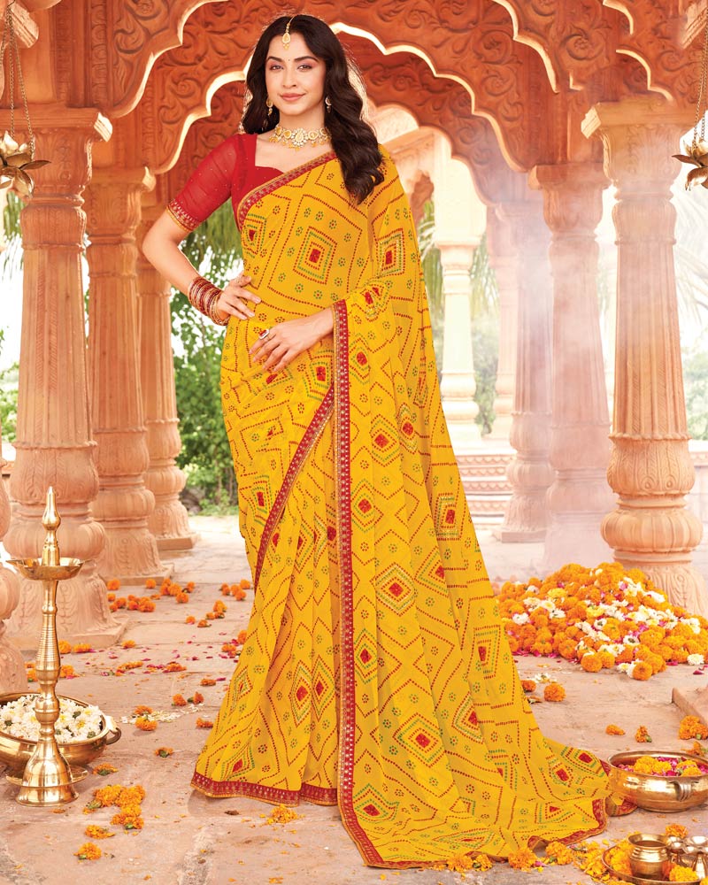 Vishal Prints Tulip Yellow Printed Georgette Traditional Print Saree W