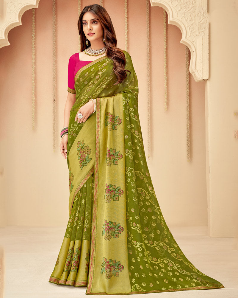 Vishal Prints Dark Olive Green Printed Chiffon Brasso Saree With Fancy