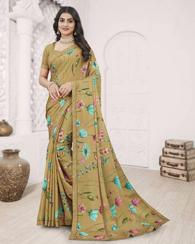 Vishal Prints Dusty Brown Digital Print Criva Crepe Saree With Fancy P